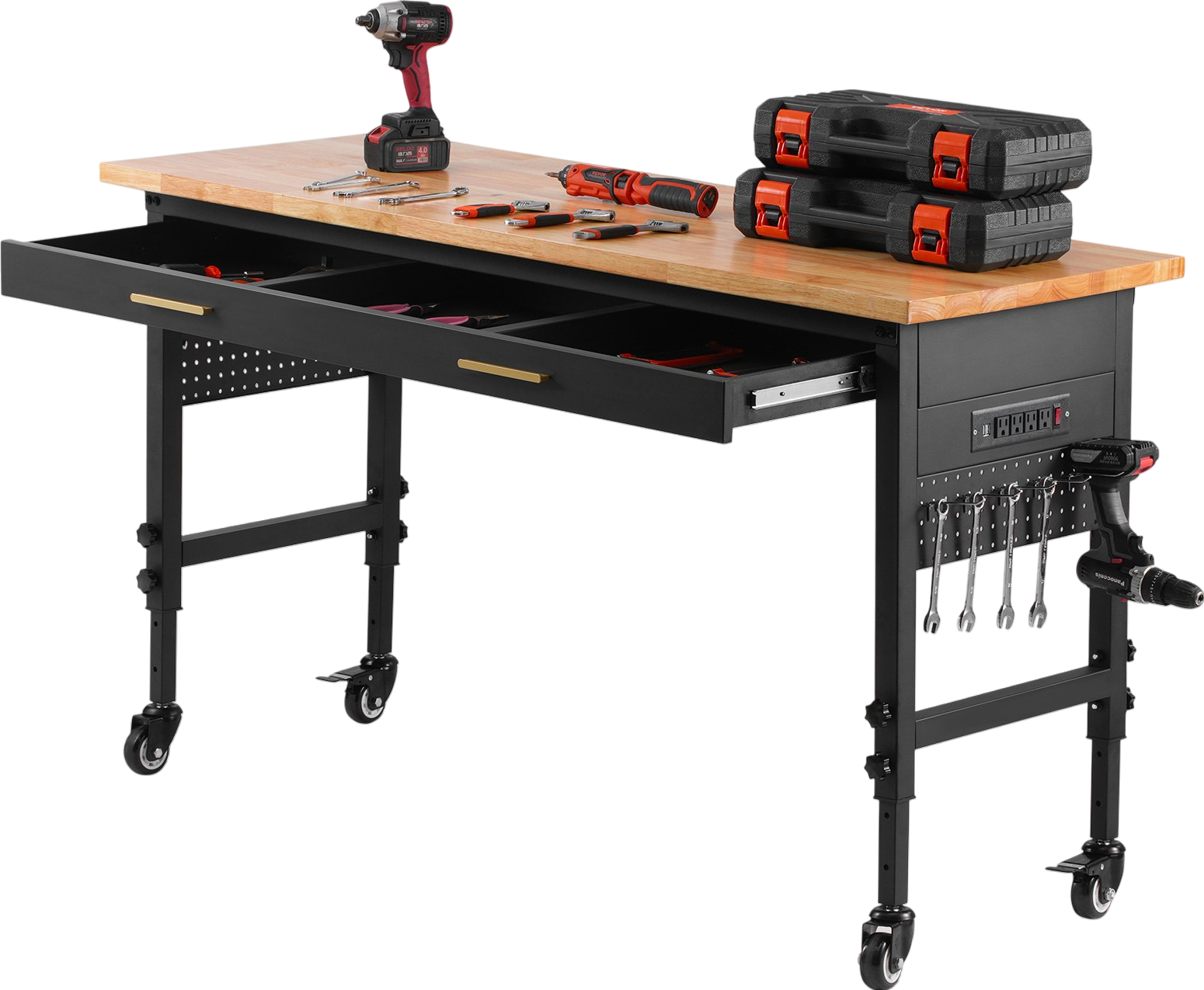 Vevor Work Bench on Wheels 60" Wood Top Height Adjustable with Power O – FactoryPure