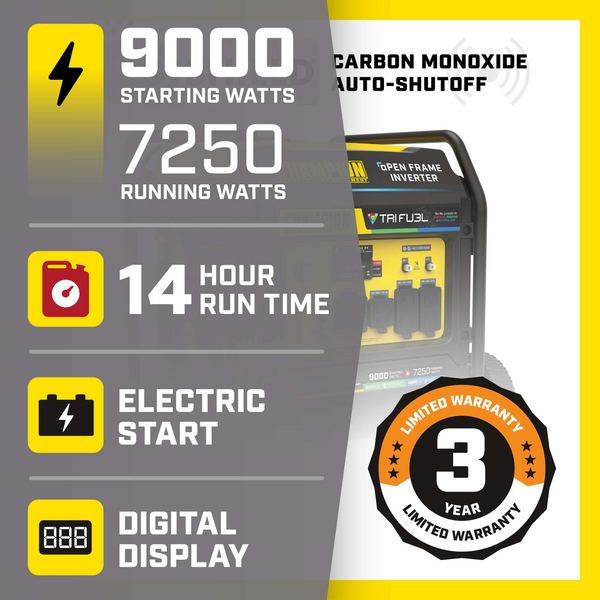 Champion 201176 7250W/9000W Generator Tri-Fuel Gas Propane Natural Gas ...