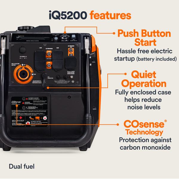 Generac iQ5200 DF 8947 3900W/5200W Generator Dual Fuel Gas Propane Low ...