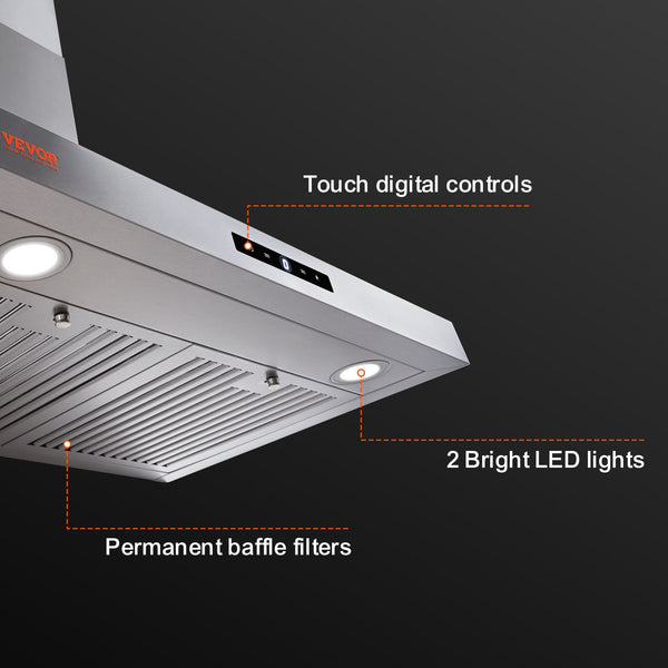 Vevor Wall Mount Range Hood Stainless Steel Ductless Vent with LED Lig ...