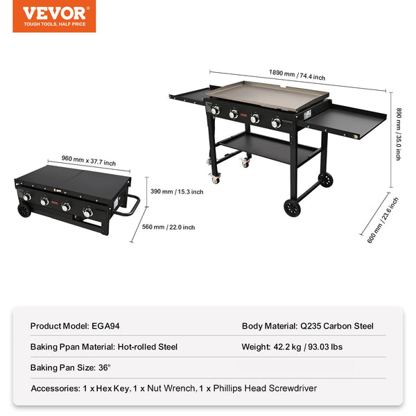 Vevor 36" Commercial Flat Top Griddle on Cart with Folding Tabletop 4 ...