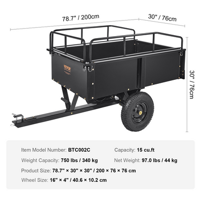 Vevor BTC002C ATV Dump Trailer Cart 750 lbs 15 cu. ft. Capacity Remova ...