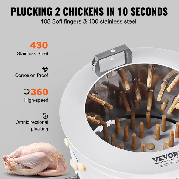 Vevor Chicken Plucker 20" Stainless Steel Drum With 108 Soft Fingers 1 ...