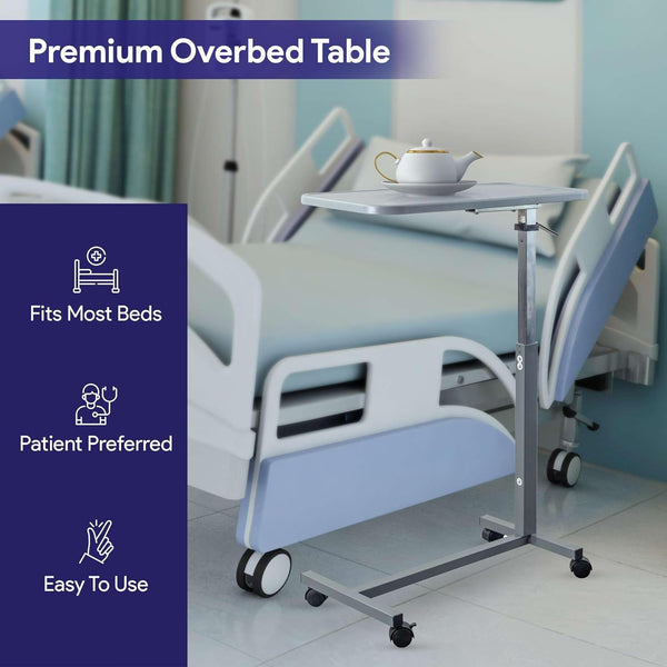 MedaCure Overbed Table Composite Top H-Base with Wheels Gray or Mahoga ...