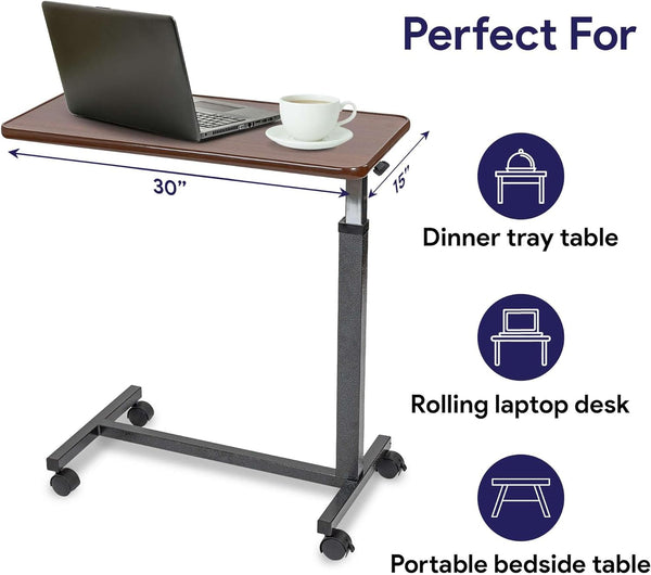 MedaCure Overbed Table Wood Top H-Base with Wheels Mahogany Cherry or ...