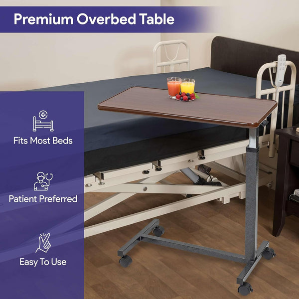 MedaCure Overbed Table Wood Top H-Base with Wheels Mahogany Cherry or ...