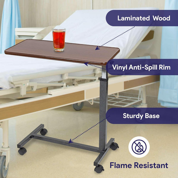 MedaCure Overbed Table Wood Top H-Base with Wheels Mahogany Cherry or ...