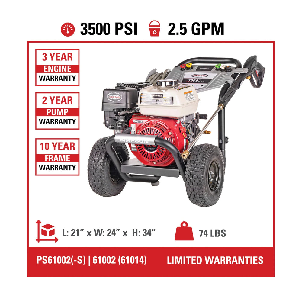 Simpson PS61014 Gas Pressure Washer 3500 PSI 2.5 GPM with Honda GX200 ...
