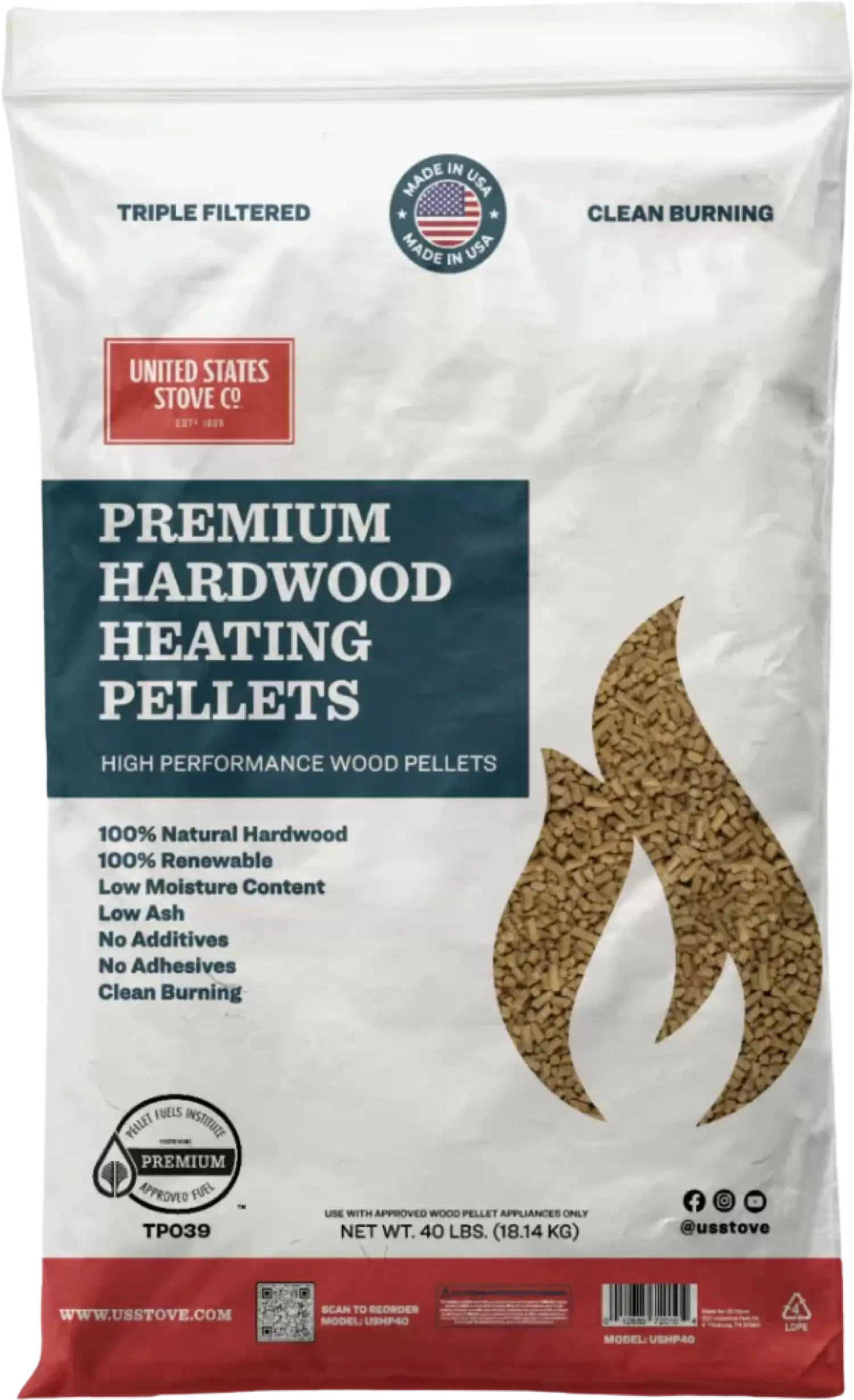 US Stove USHP40 Hardwood Heating Pellets for Pellet Stoves 40 lbs. Bag ...