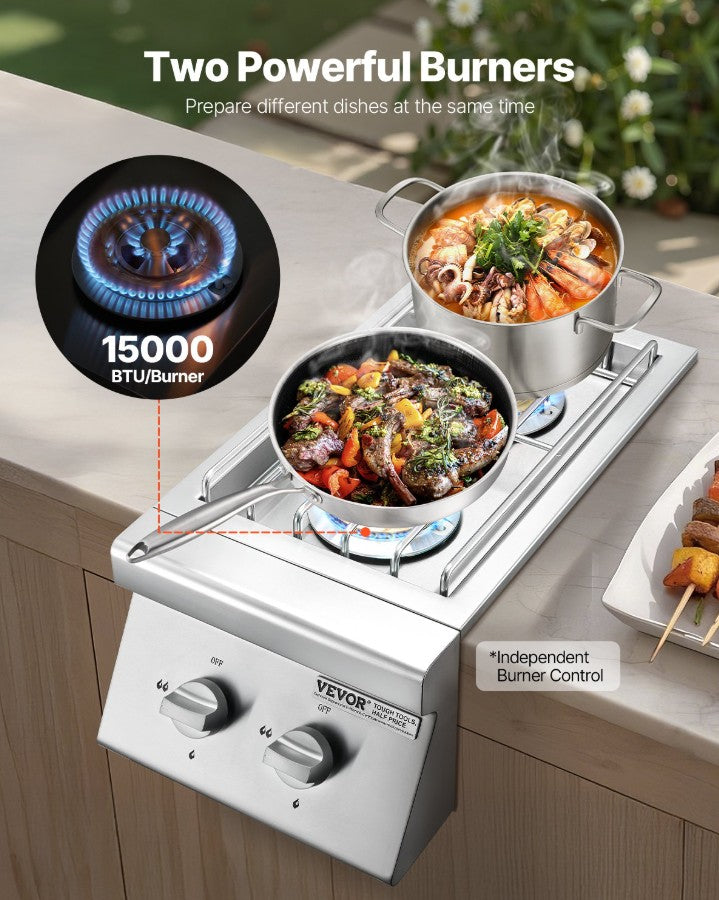 Vevor 2-Burner Built-In Outdoor Cooktop 2 x 15000 BTU Propane and Natu ...