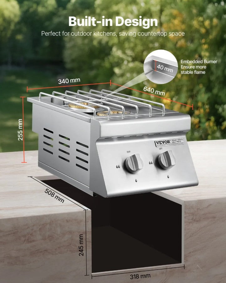 Vevor 2-Burner Built-In Outdoor Cooktop 2 x 15000 BTU Propane and Natu ...