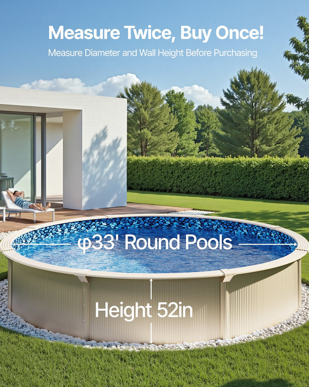 Vevor 33' Round Pool Liner 52" Wall Height Unibead Vinyl Above Ground ...