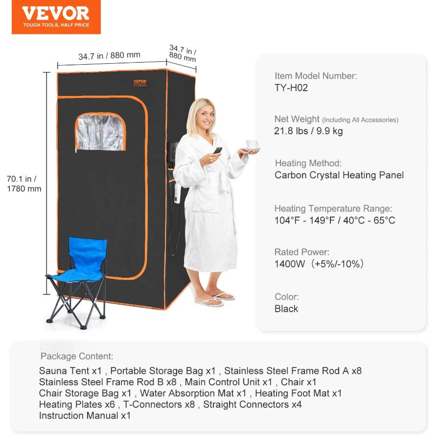 Vevor Infrared Sauna Tent 1400W Full Body Portable Spa Adjustable Temp ...