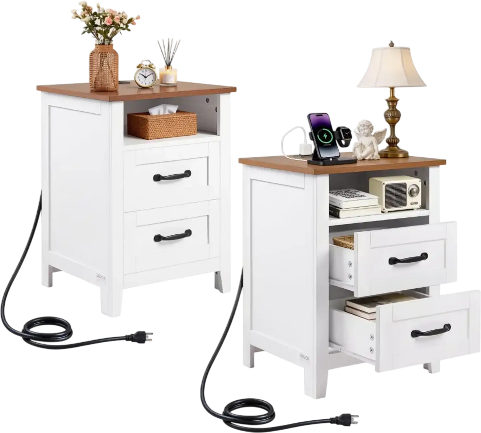 Vevor Nightstands Farmhouse Charging End Tables Set of 2 White New ...