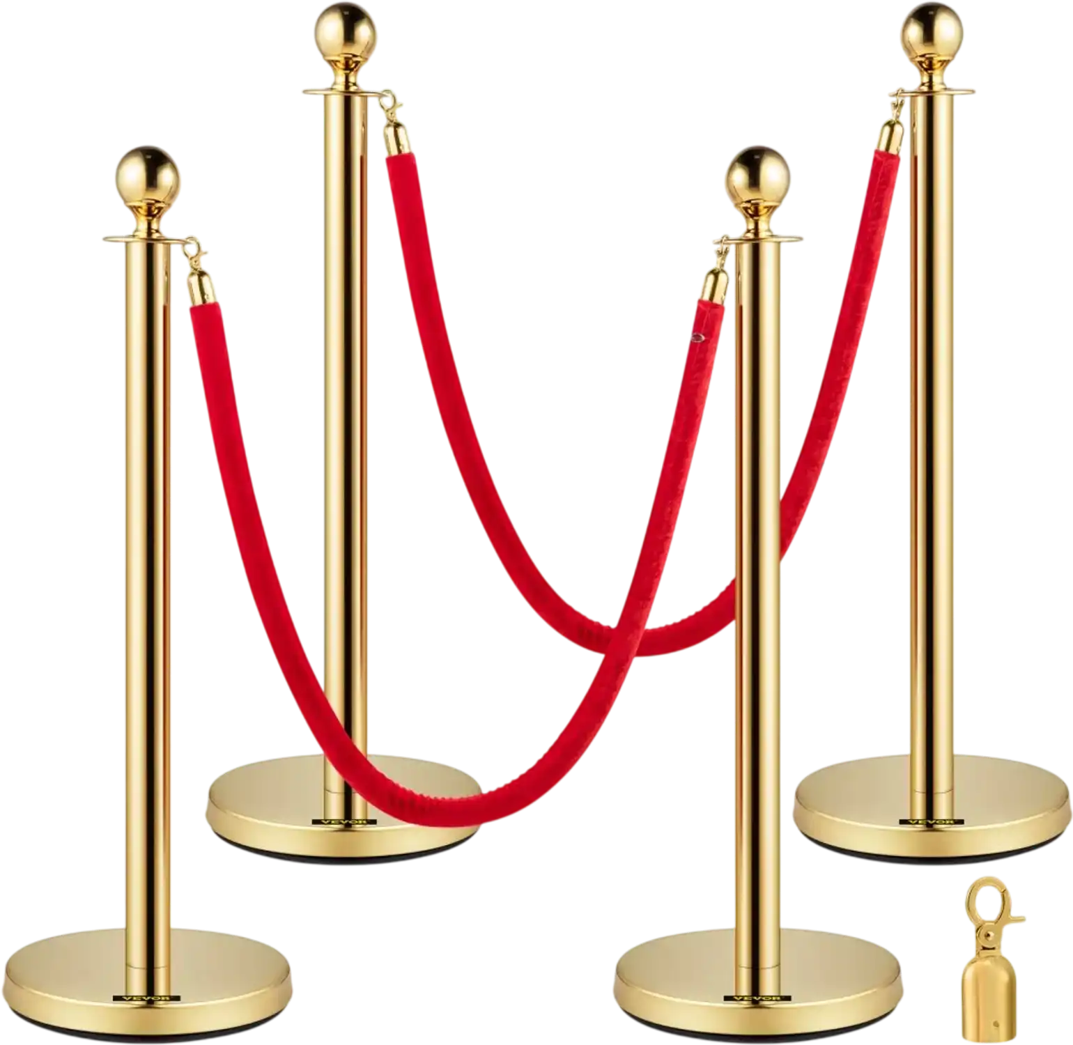 Vevor Crowd Control Stanchion Gold 4-Piece Set with 5' Red Velvet Rope ...