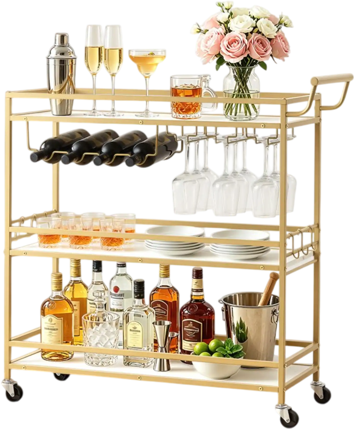 Vevor Bar Cart 3-Tier Rolling Serving Trolley with Wine Rack and Glass ...