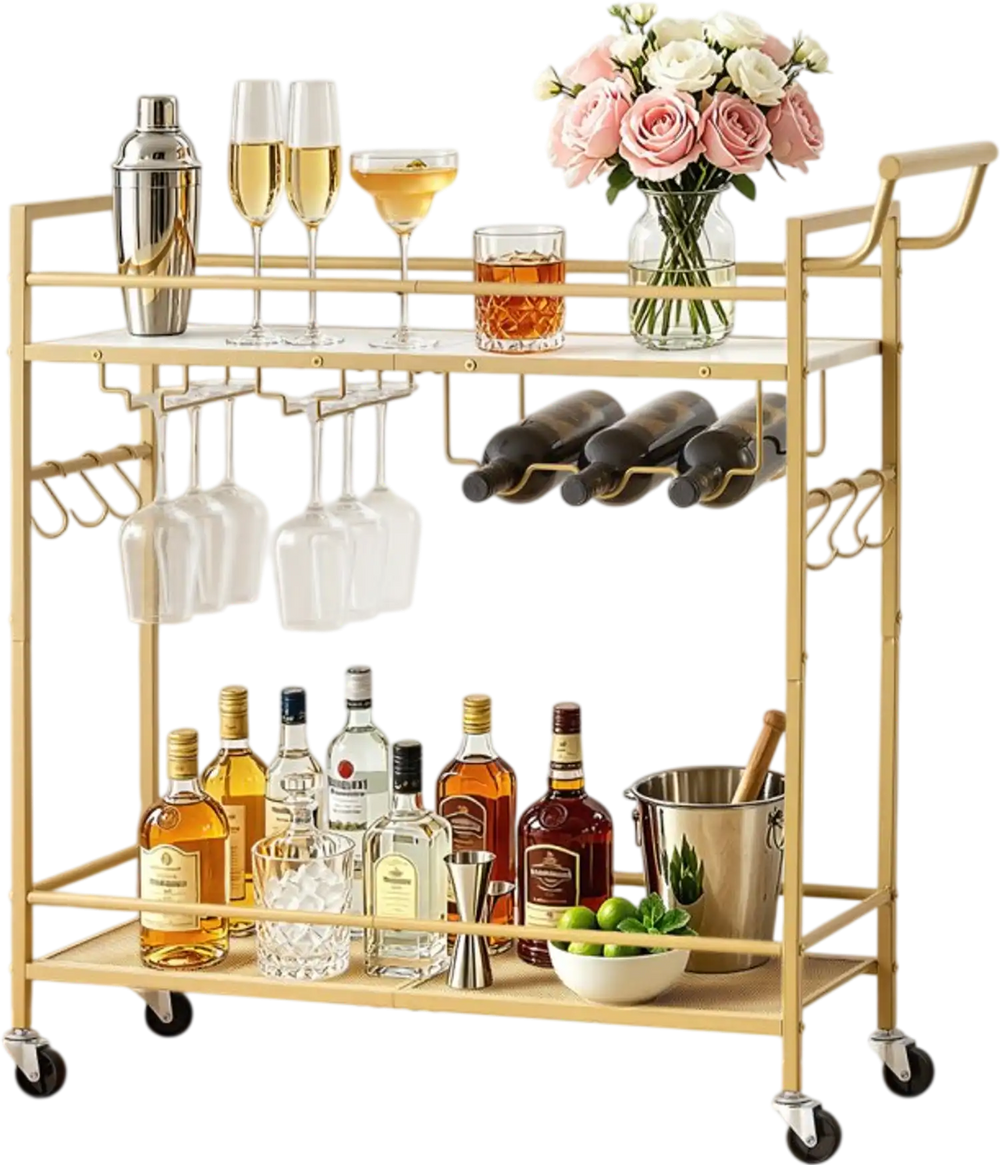 Vevor Bar Cart 2-Tier Rolling Serving Cart with Wine Rack and Glass Ho ...