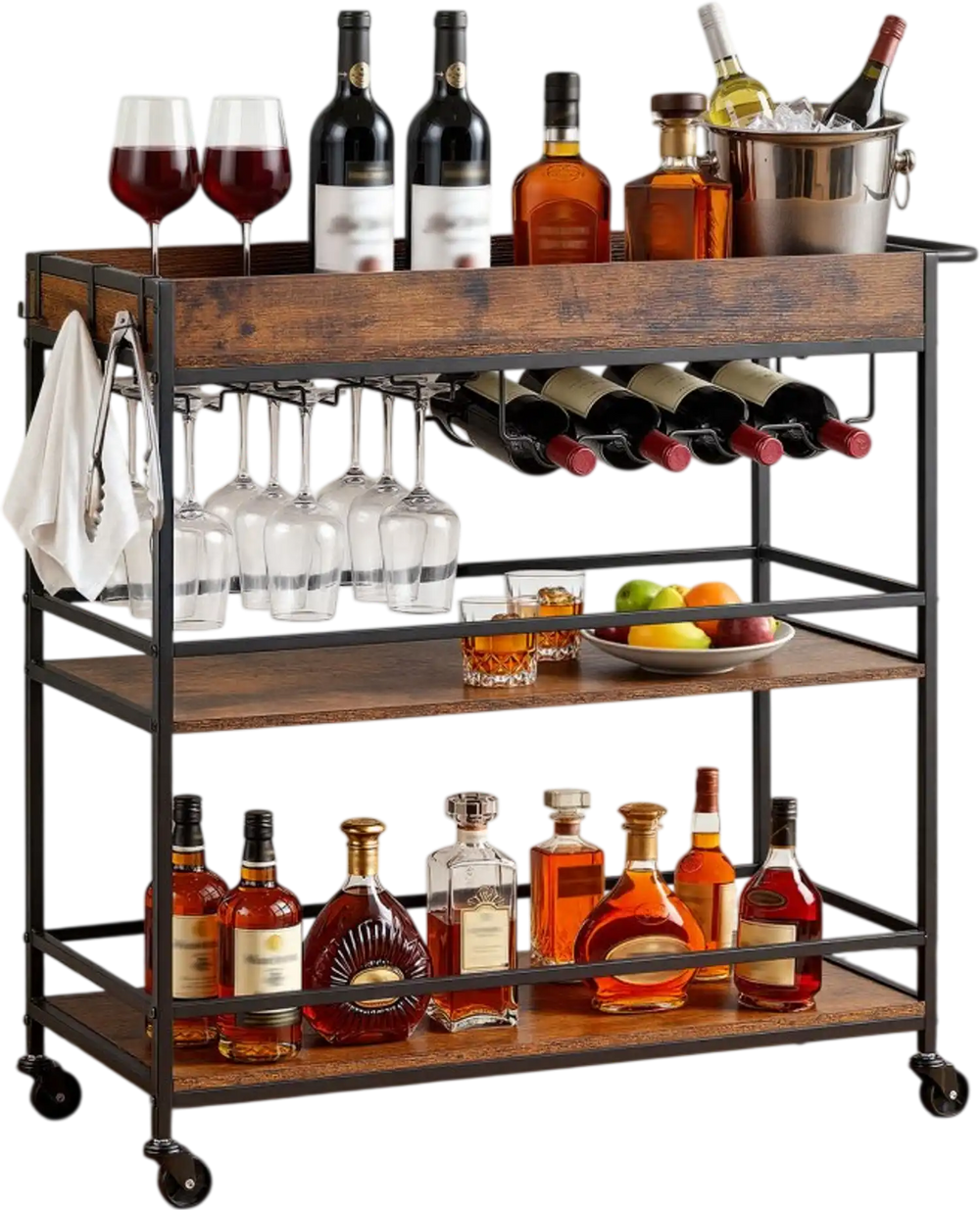 Vevor Bar Cart 3-Tier Rolling Serving Cart with Wine Rack & Glass Hold ...