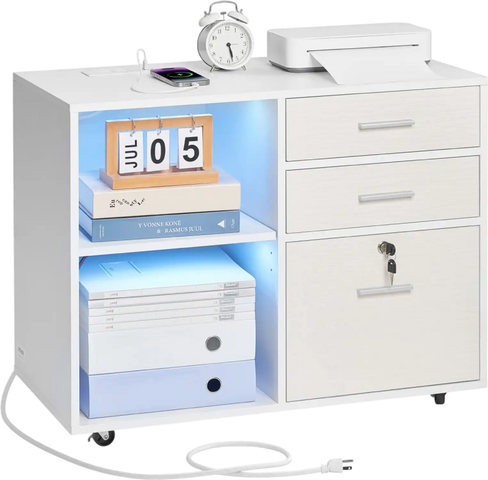 Vevor File Cabinet 3 Drawer Wooden Mobile Filing Cabinet with Light St ...