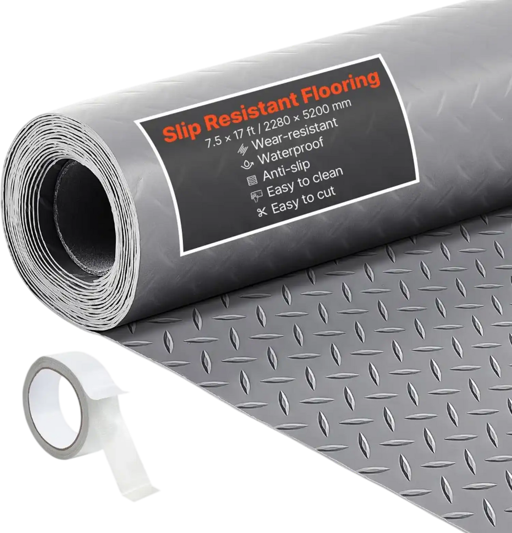 Vevor Garage Floor Roll Diamond Plate PVC Mat 7.5' x 17' Silver Gray N ...