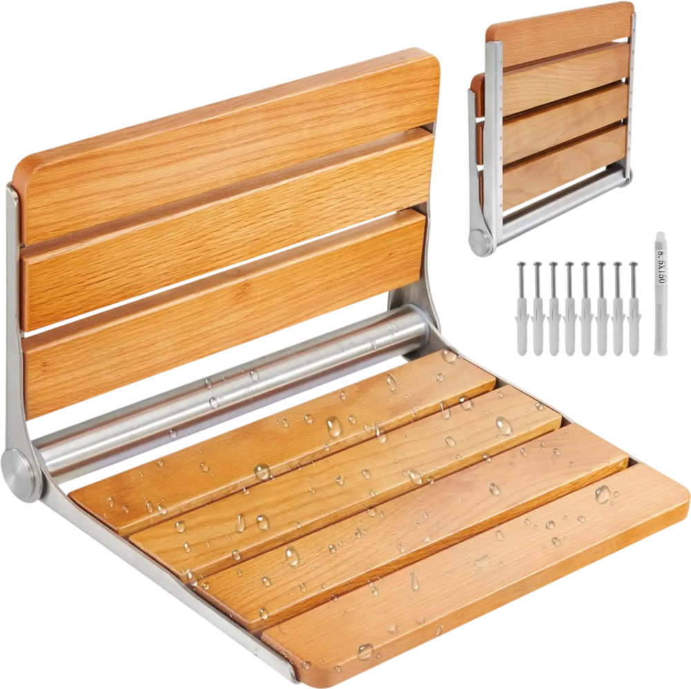 Vevor Shower Seat Folding Oak Wall-Mounted Fold-Up Bench 16.1" x 13.4 ...