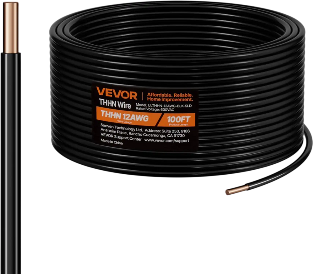 Vevor THHN Wire 12 AWG Solid Black Copper Building Wire 100' New ...