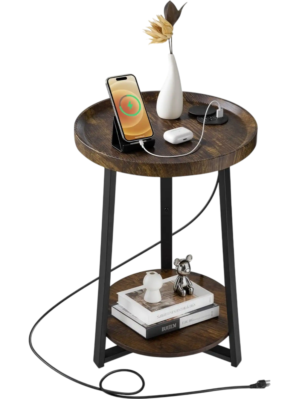 Vevor End Table 2-Tier Round Side Table with USB & AC Charging Port Br ...