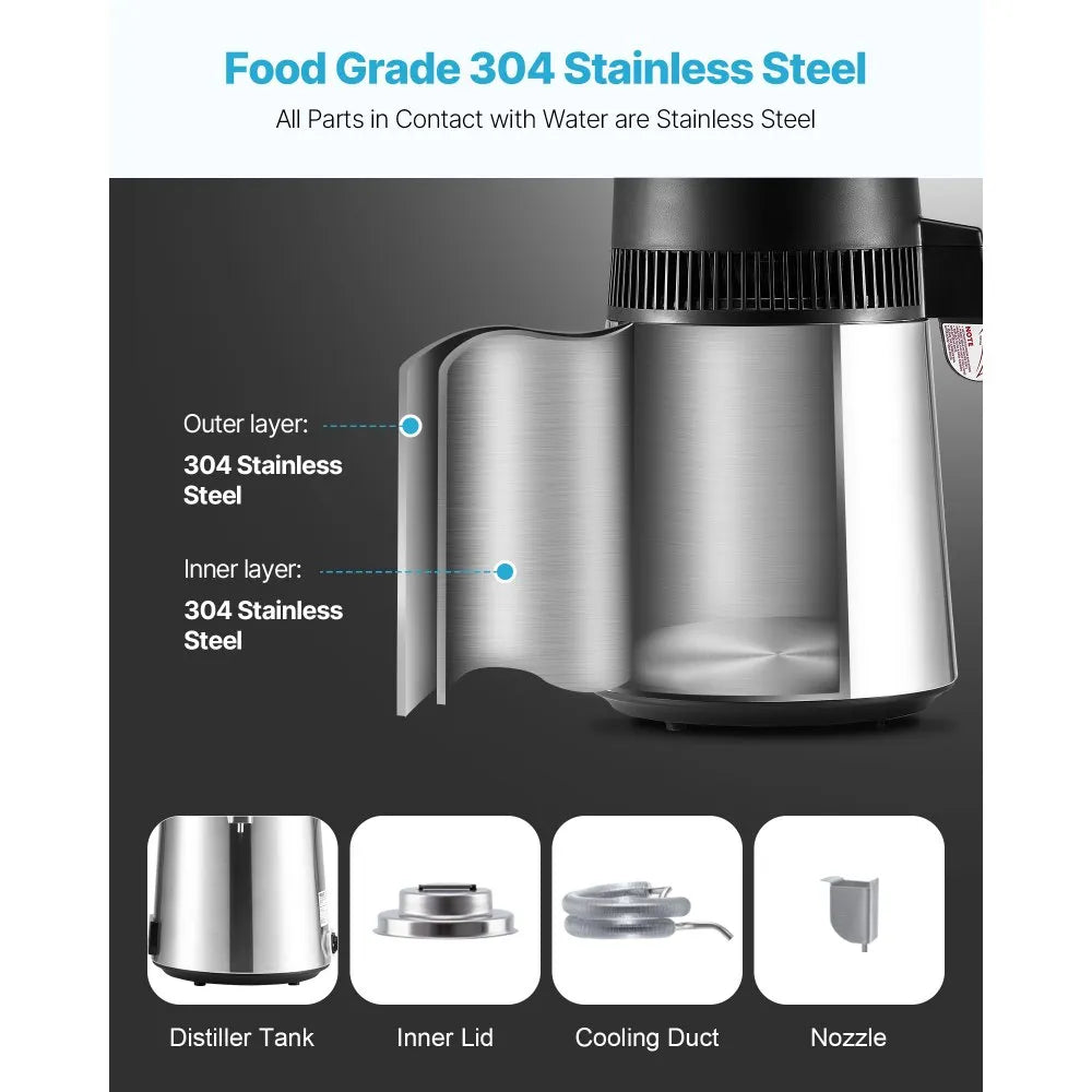 Vevor Water Distiller 6L Countertop Purifier Stainless Steel Glass Pot ...