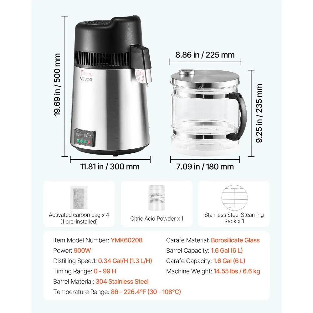 Vevor Water Distiller 6L Countertop Purifier Stainless Steel Glass Pot ...