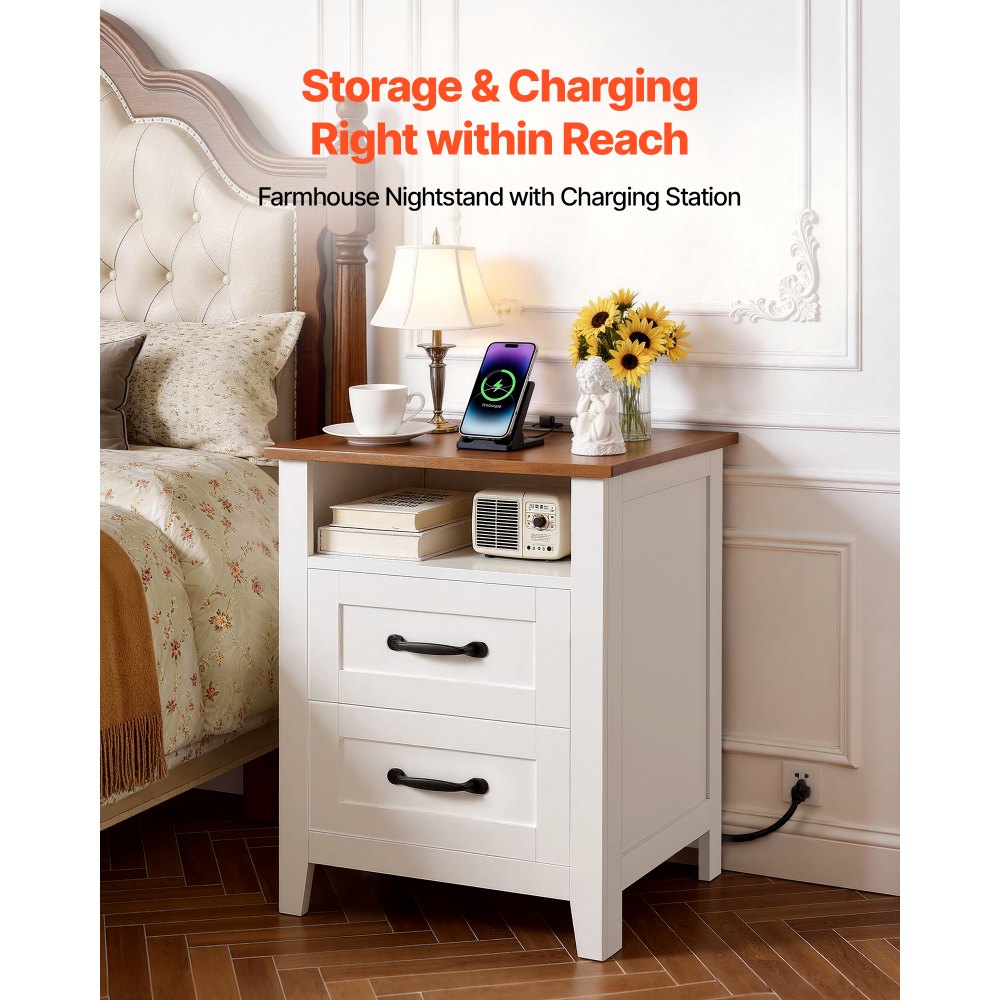 Vevor Nightstands Farmhouse Charging End Tables Set of 2 White New ...