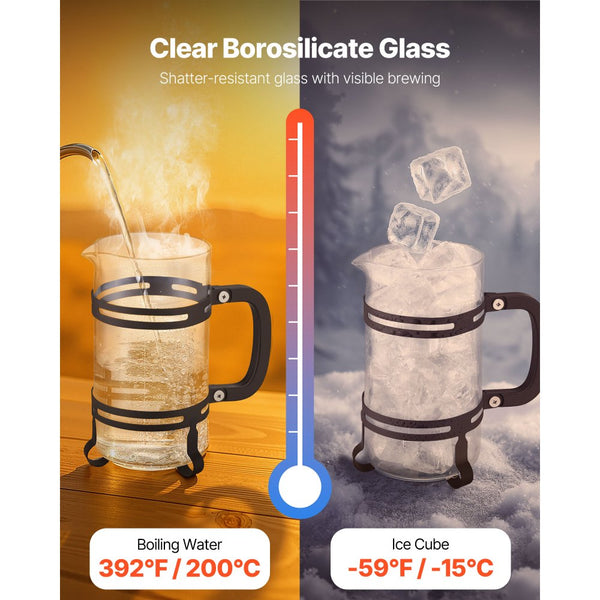 Vevor French Press Coffee Maker 34 oz Borosilicate Glass Silver New ...