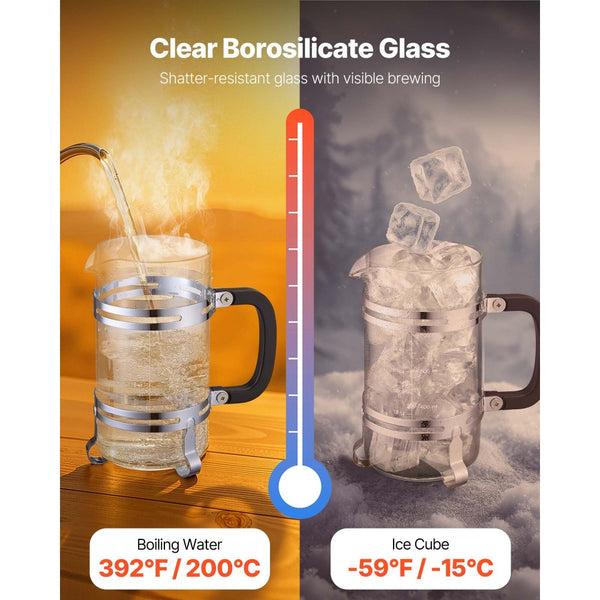 Vevor French Press Coffee Maker 34 oz Borosilicate Glass Silver New ...