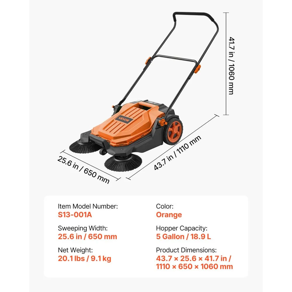 Vevor Floor Sweeper Walk-Behind Hand Push 25.6" Non-Electric Orange Ne ...