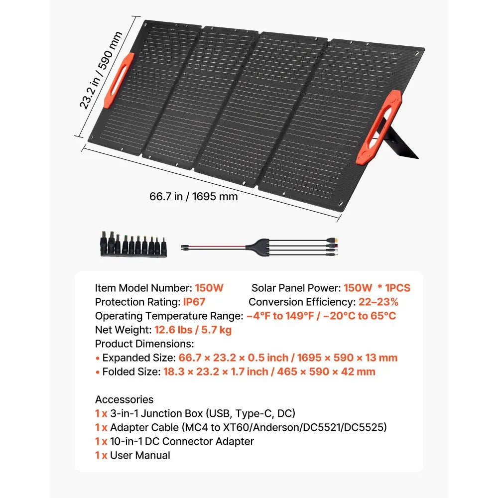 Vevor Solar Panel 150W Foldable Monocrystalline Portable ETFE Charger ...