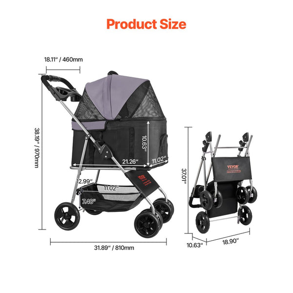 Vevor Pet Stroller Foldable 4-Wheel Detachable Carrier 35 lbs New ...