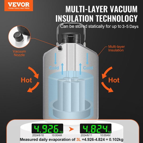 Vevor Liquid Nitrogen Tank 3 L Aluminum Alloy LN2 Dewar Container with ...