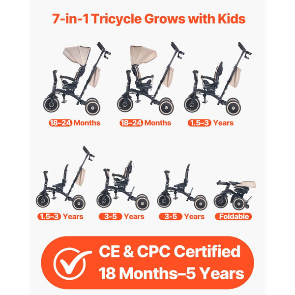 Vevor Tricycle Toddler 7-in-1 Stroller with Parent Push Handle Canopy ...
