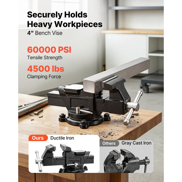 Vevor Bench Vise Heavy Duty 4" Jaw Width Swivel Base with Anvil New ...