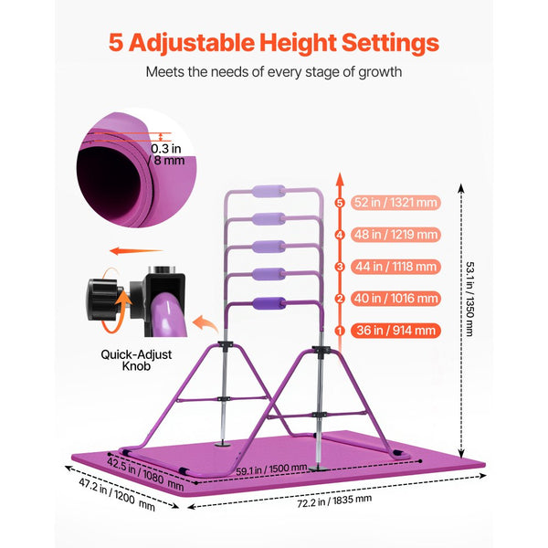Vevor Gymnastic Bar Adjustable Folding Training Kip Bar with Mat Purpl ...