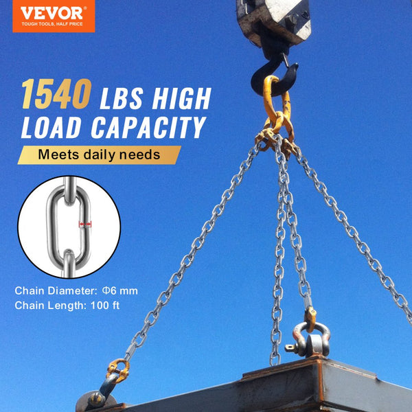 Vevor Coil Chain 1/4" x 100' Galvanized Carbon Steel Proof Tested New ...