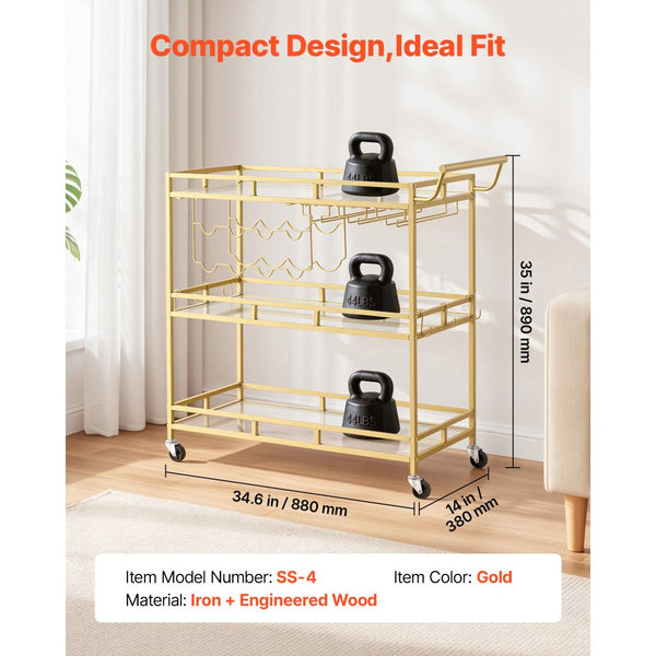 Vevor Bar Cart 3-Tier Rolling Serving Cart Gold New – FactoryPure