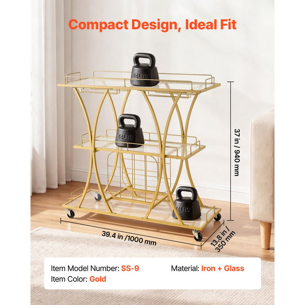Vevor Bar Cart 3-Tier Rolling Serving Cart Gold New – FactoryPure