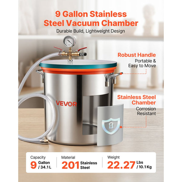 Vevor Vacuum Chamber 9 Gallon Stainless Steel Degassing Chamber with T ...