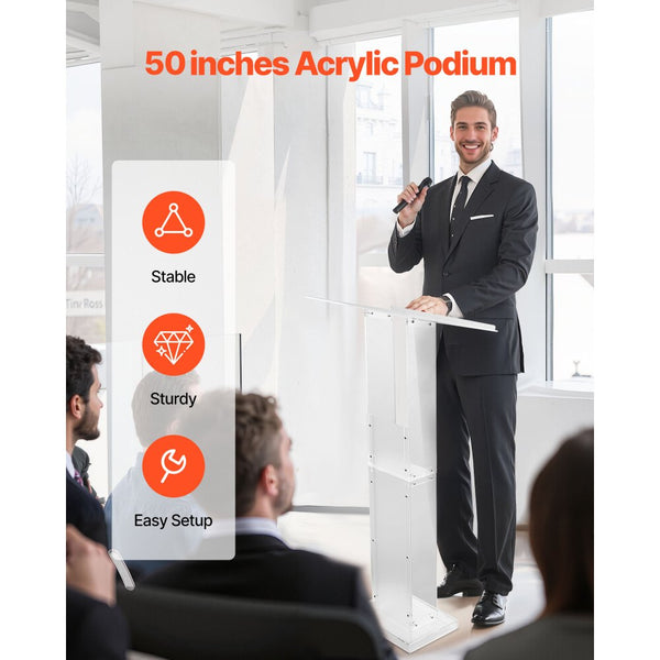 Vevor Podium Stand 50" Acrylic Lectern with Storage Shelf and Wide Rea ...