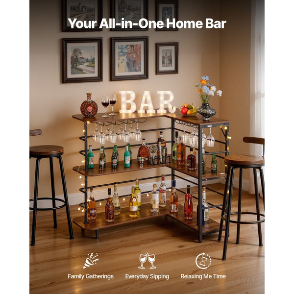 Vevor Home Bar Unit L-Shaped Wine Bar Cabinet with LED Light Walnut Fi ...