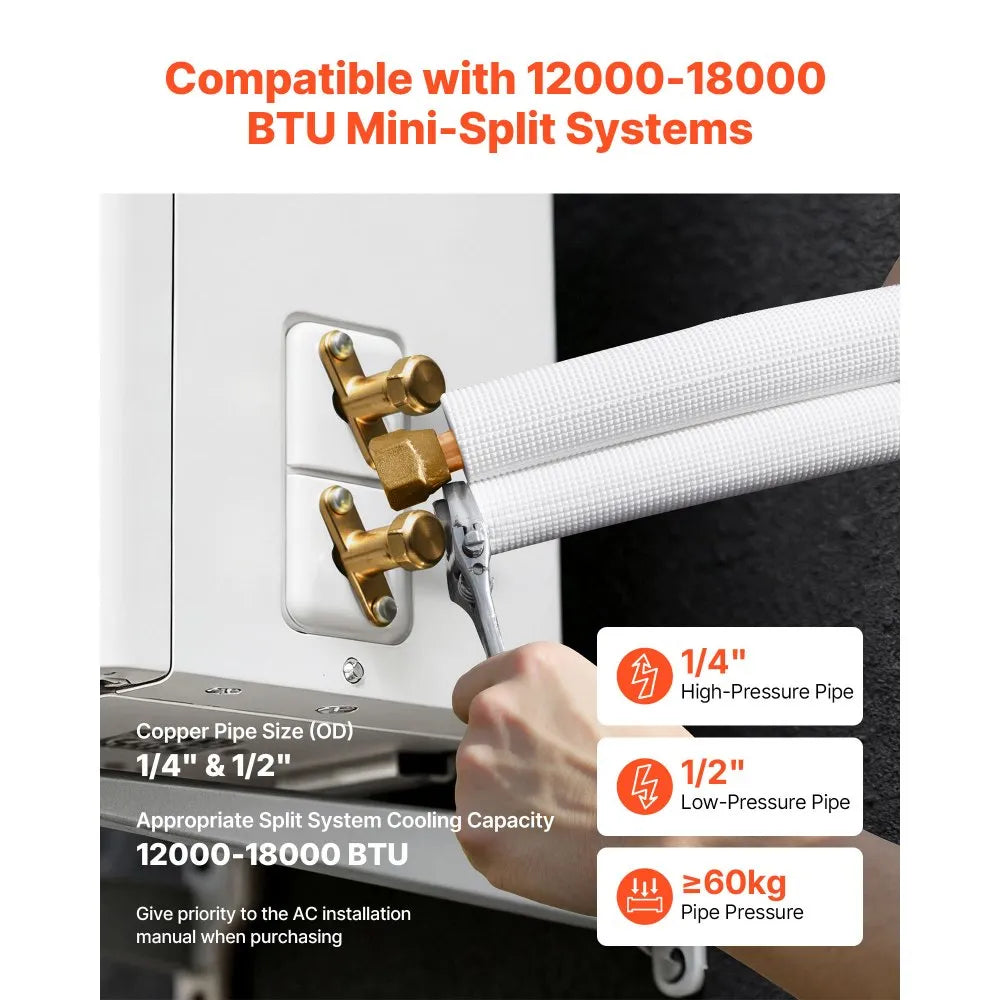 Vevor Mini Split Line Set 50' 1/4" x 1/2" Copper Tubing Insulated Coil ...