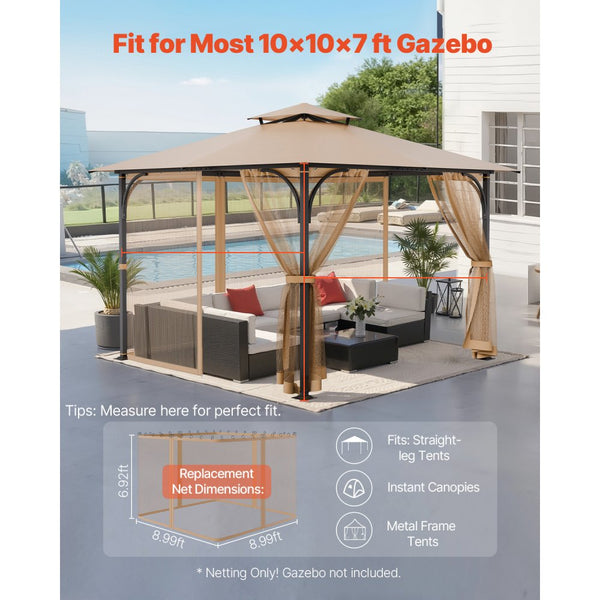 Vevor Gazebo Netting Replacement 10' x 10' 4-Panel 7' H Khaki New ...