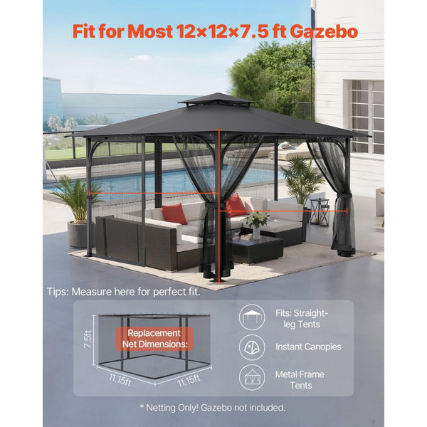 Vevor Gazebo Netting 12 x 12 x 7.5' Replacement Mesh Sidewall Screen N ...