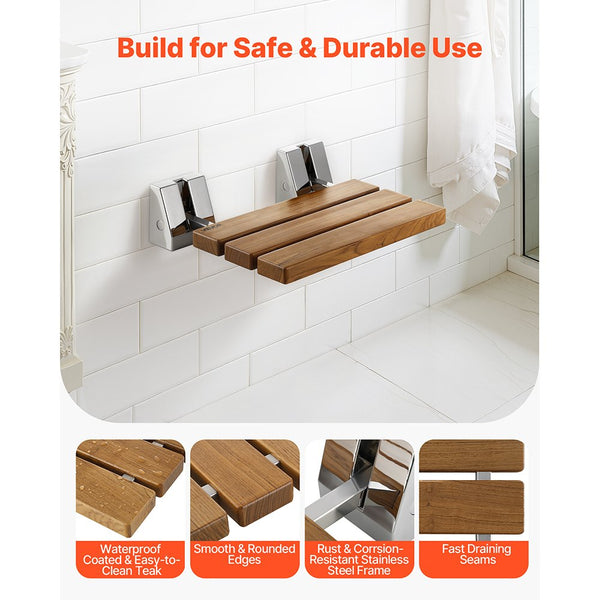 Vevor Shower Seat Foldable Wall Mounted 15.7" Teak Folding Bench New ...