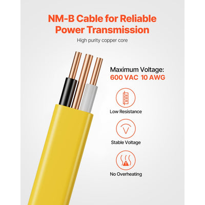 Vevor Electrical Wire 50' 10 AWG 2C NM-B Copper Cable with Ground New ...